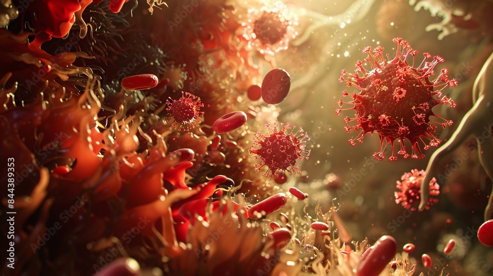 Realistic photograph capturing a close-up view of red blood cells and ...