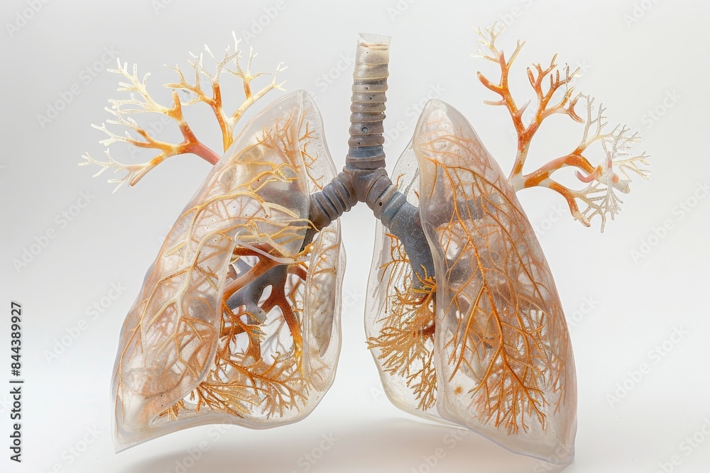 A realistic photo of a plastic model of the respiratory system, showing ...