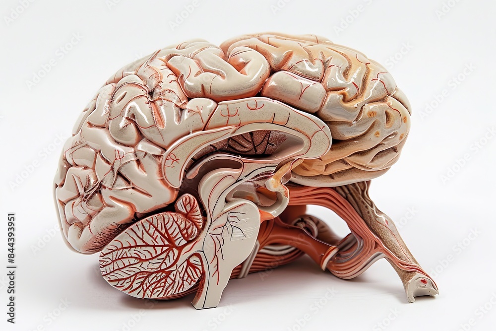 A detailed photo of a plastic miniature model of the human brain ...