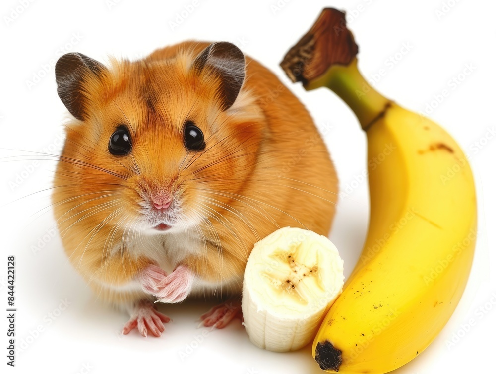 Cute fluffy hamster eating banana Stock Photo | Adobe Stock
