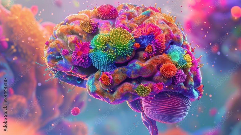 Realistic depiction of a brain covered in vibrant and colorful fungus ...