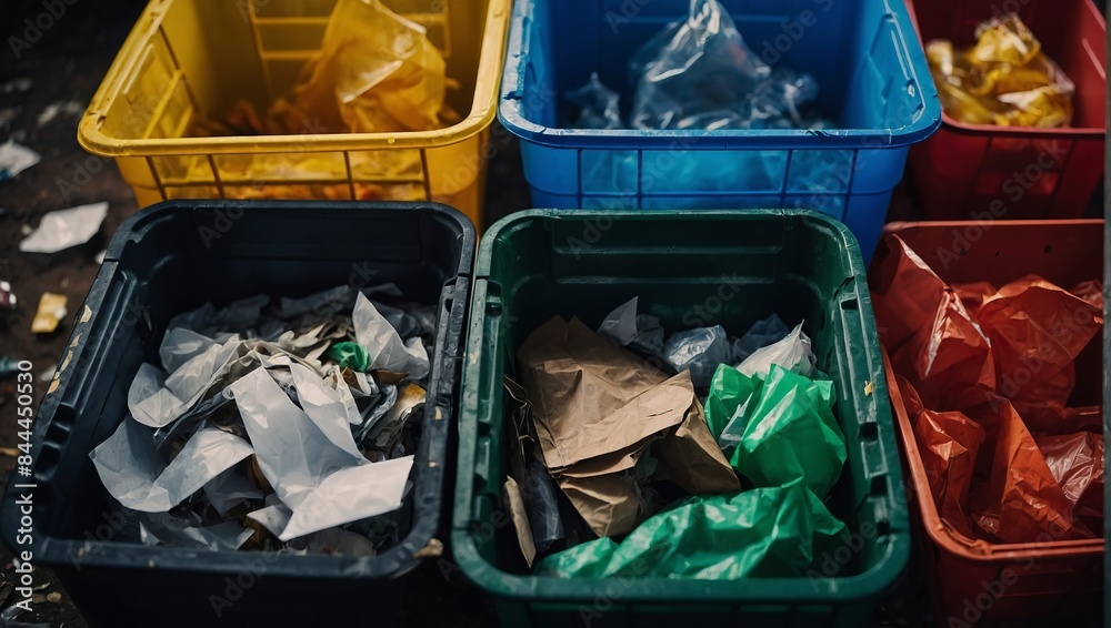 Trash sorting concept Four colors background for sorting metal, glass ...