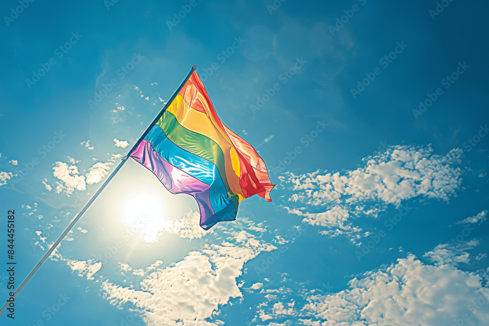 horizontal image of a rainbow flag flowing in the sky while illuminated ...