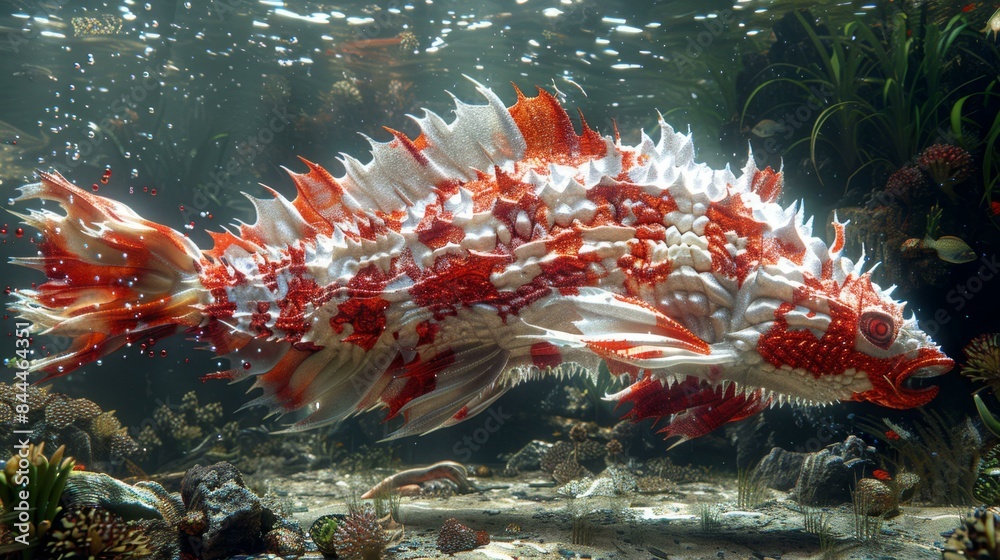 A red and white fish with long spikes and fins swimming in the ocean ...