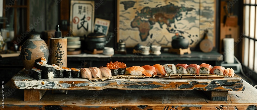 Foto de Stock Map of Japan sushi arrangement on wooden tray, high ...