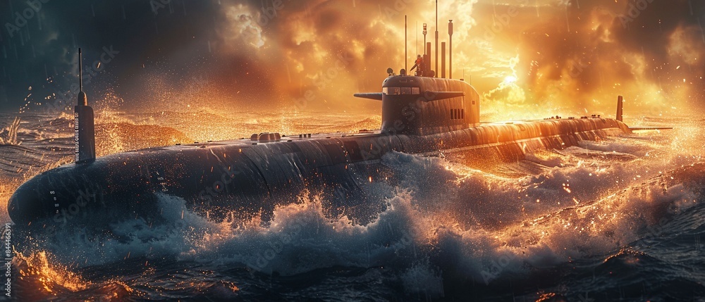 Emerging submarine with water spray, bright sunlit sky, underwater ...