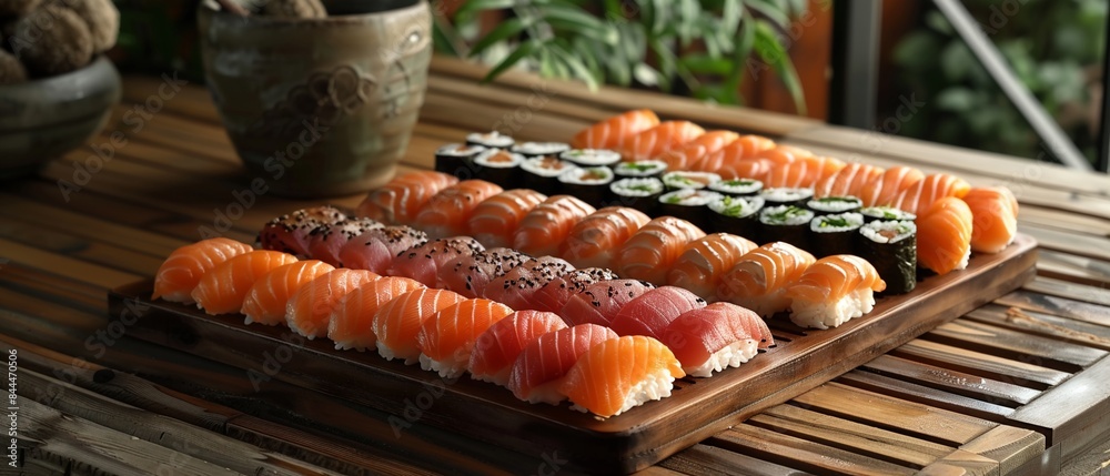 Sushi arranged in shape of Japan on classic wooden tray, high detail ...
