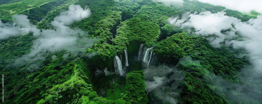 A breathtaking aerial view of a lush, green rainforest with multiple waterfalls cascading into a ...