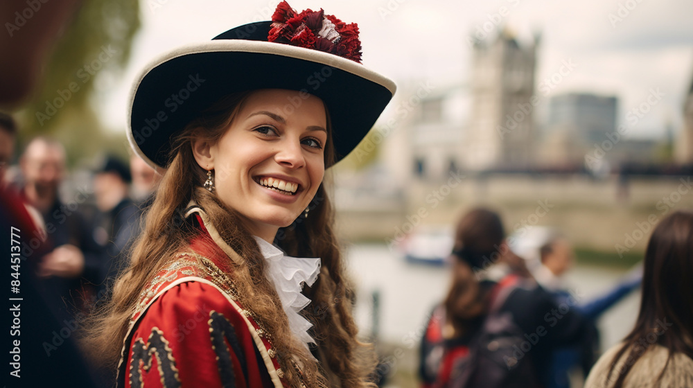 Beautiful British lady in a national costume in the middle of the crowd ...