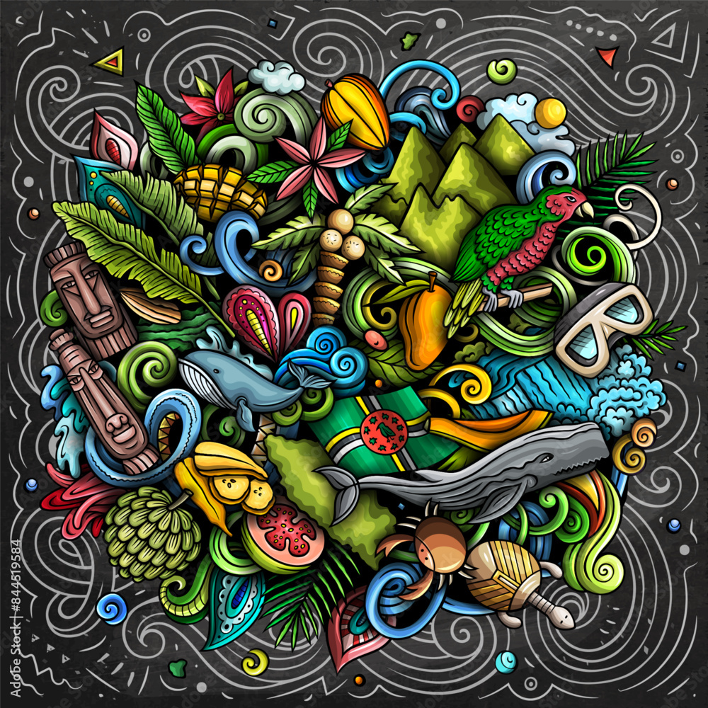 Vector funny doodle illustration with Dominica theme. Vibrant and eye ...