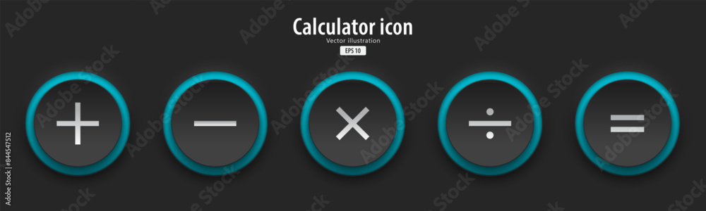 A set of black round buttons with calculator symbols. Add icon, minus ...