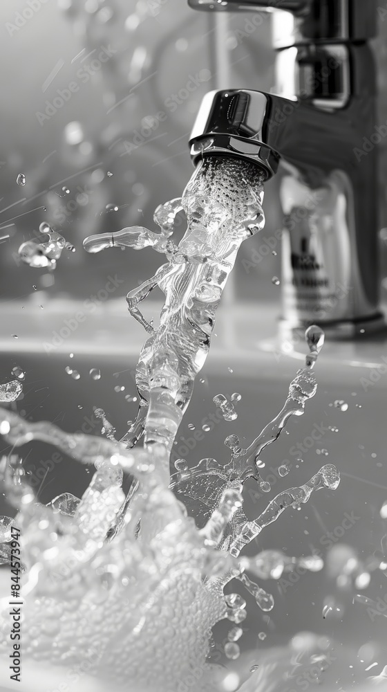 In the centre of the scene place a chrome washbasin tap that turns ...