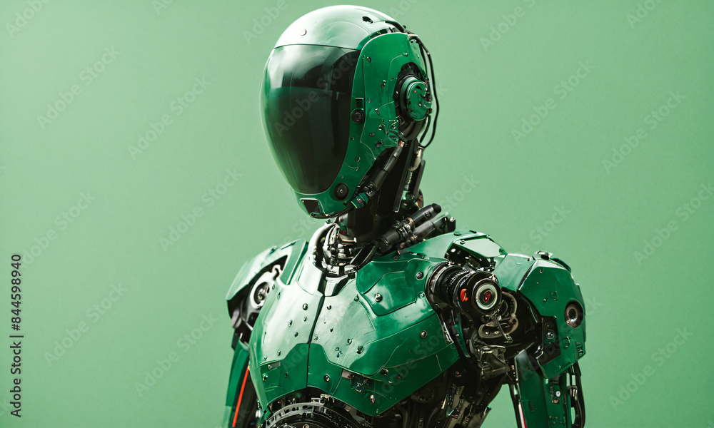 Website banner, futuristic green humanoid robot with black faceplate ...