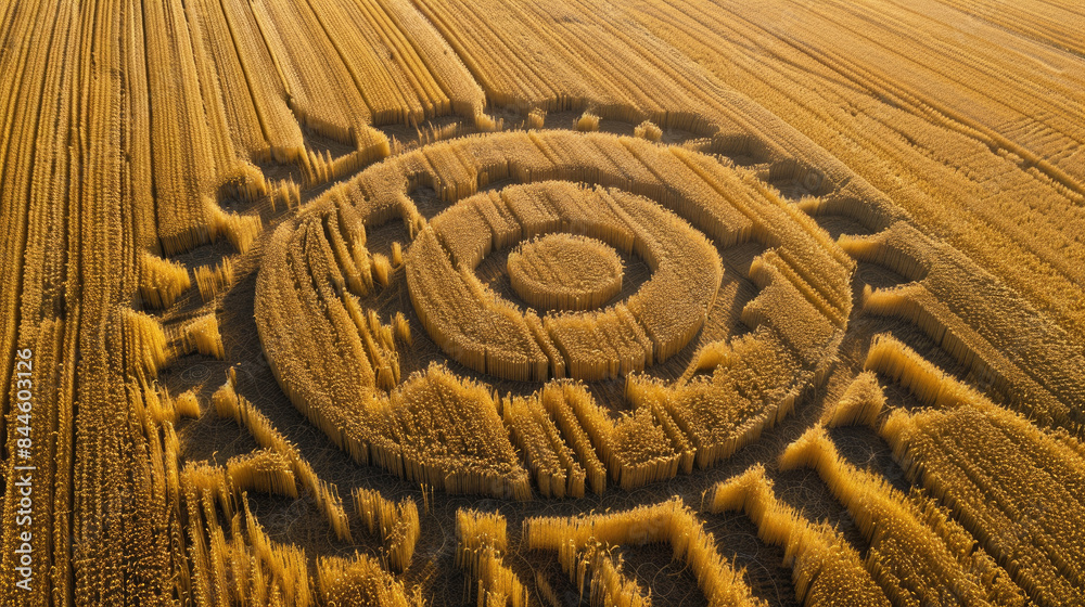Crop circles on agricultural corn field, aerial view of extraterrestrial sign pattern. Concept ...