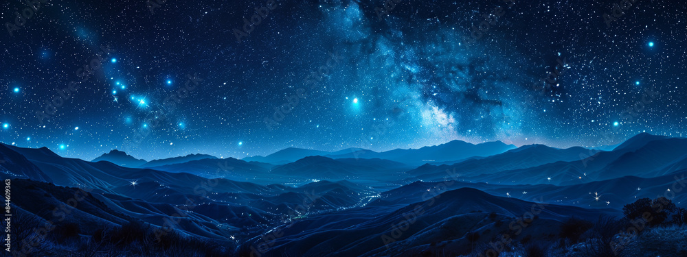 Beautiful blue starry sky at mountains. Night colorful landscape ...