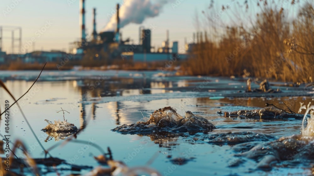 Polluted water body with visible industrial factory in background ...