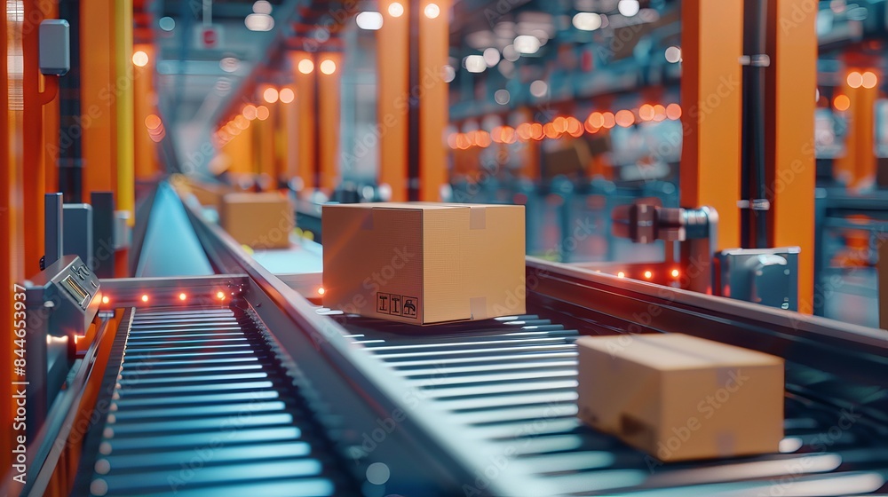 A conveyor moves boxes along a production line inside an automated ...