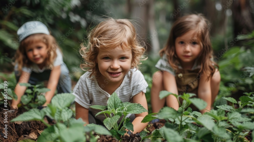 Three children giggle while lying on the ground among vegetable plants ...