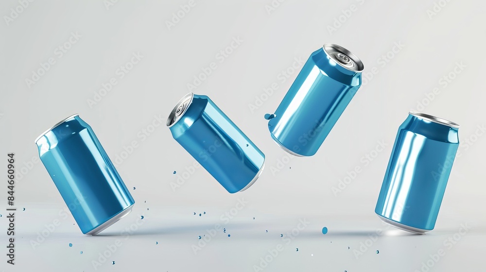 Falling blue aluminum soda cans are isolated over a white background ...