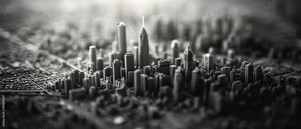 Architectural model of a city featuring topographic buildings bathed in ...