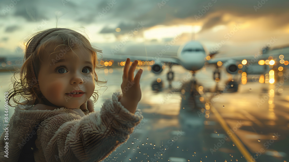 Child, watching from the window of the airport the planes, taking off ...