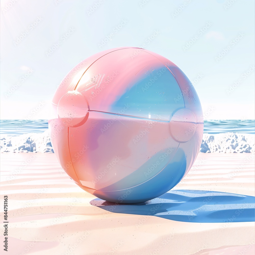 Pastel colored beach ball on sandy beach, summer graphic design, clear ...