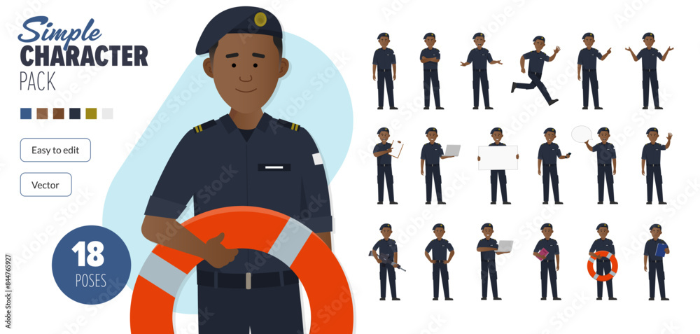 Simple flat male navy officer armed forces vector character in a set of ...