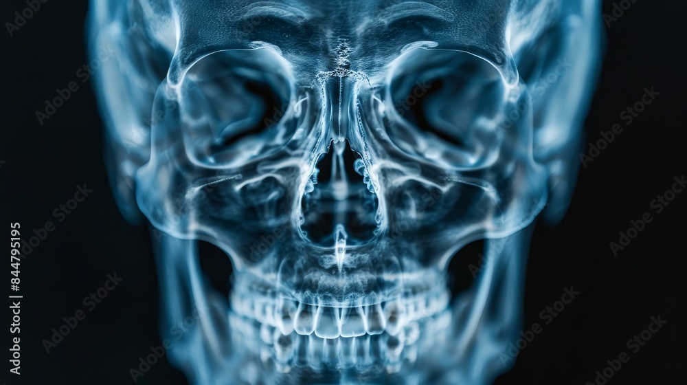 Detailed cranial X-ray of a human skull, highlighting the skeletal ...
