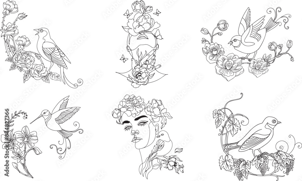 Continuous one line drawing of hummingbird with hibiscus flowers ...