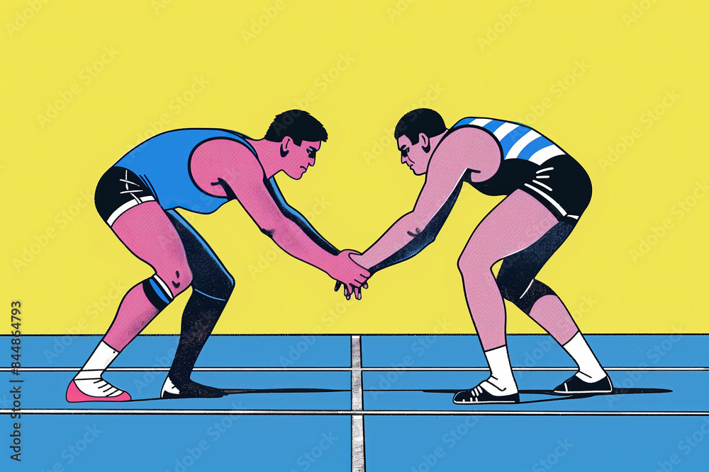 Two Olympic wrestlers face each other in a wrestling match, gripping ...