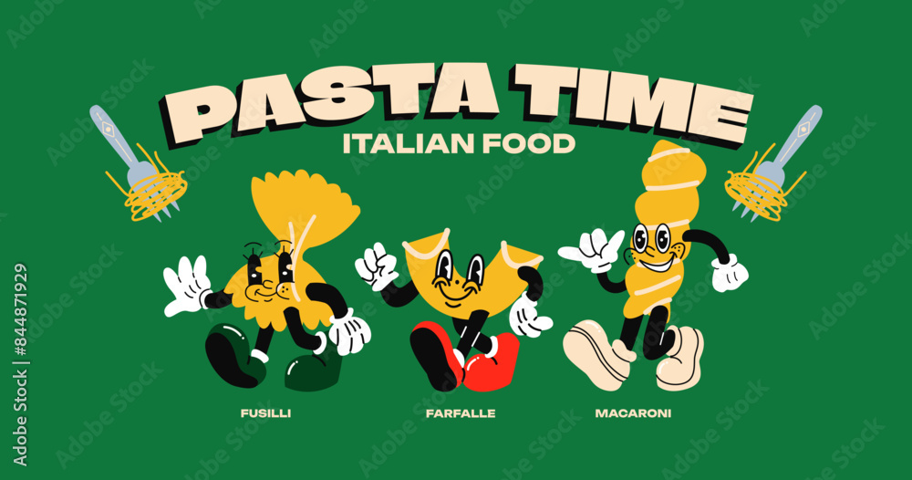 Cartoon mascots Italian pasta. Pasta of various forms: fusilli ...