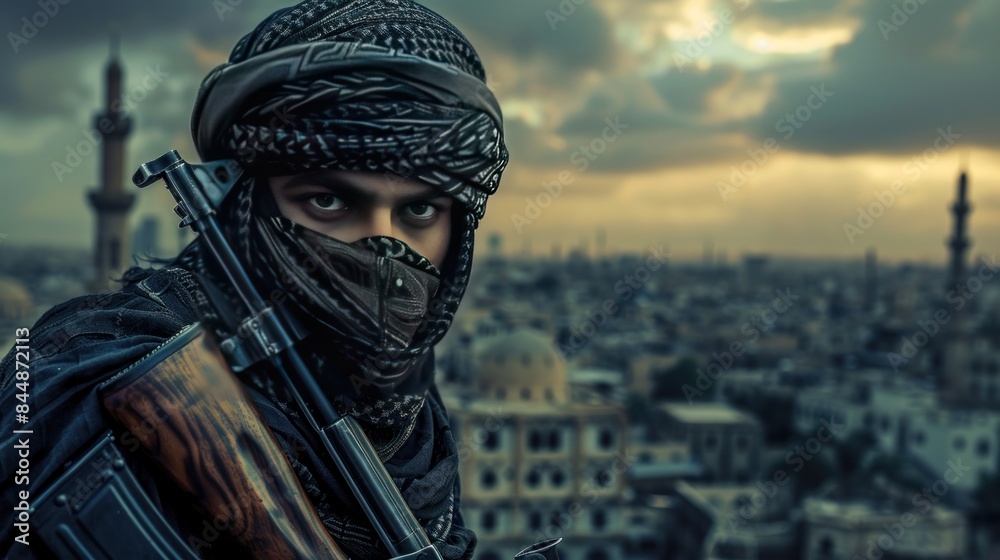 Muslim warrior soldier face covered against the backdrop of city ...