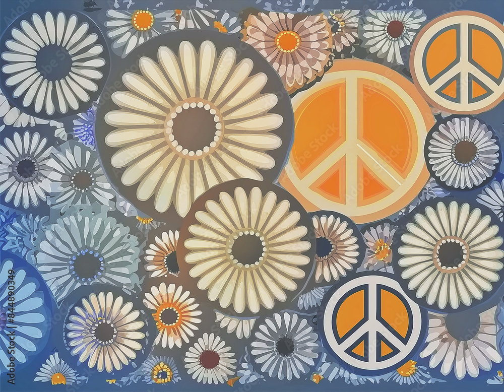 1960s flower power and peace signs in muted colors Illustrated ...