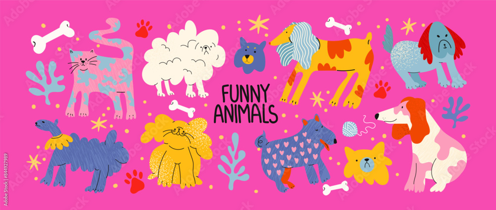 Cute pets cats and dogs in groovy style 90s. Doodle cartoon puppies ...