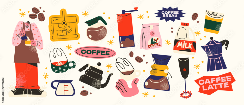 Coffee stickers and barista characters.Coffee makers, kettles, brewing ...