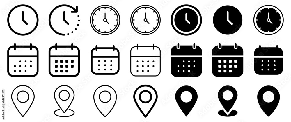 Vector de Stock Address location icon. Stopwatch timer icon. Date Calendar icon - Web icons set ...