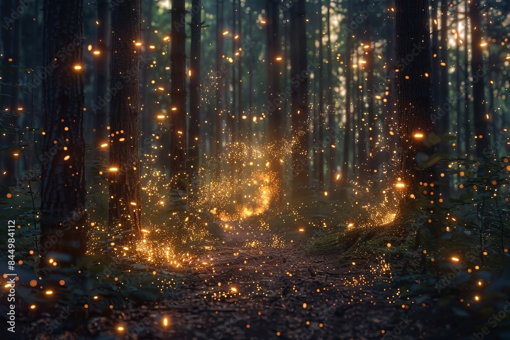 Enchanted forest pathway illuminated by glowing fireflies and sparkling lights, creating a ...