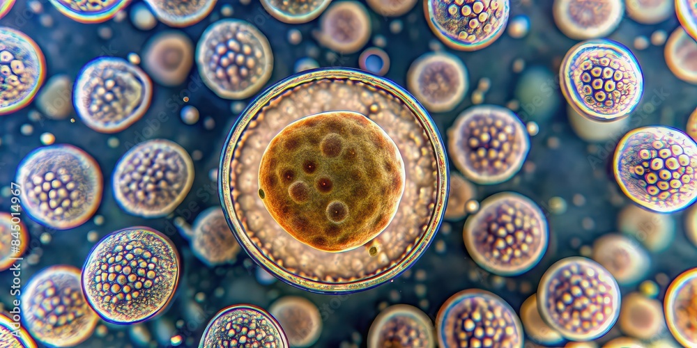 Close-up of yeast cell under a microscope with gram stain technique ...