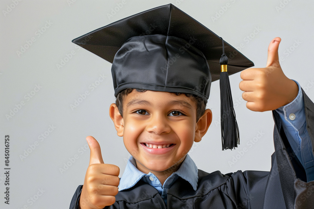 Young boy in graduation cap and gown smiling brightly while giving a ...