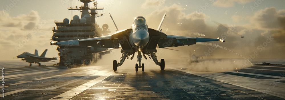 A cinematic shot of two fighter jets taking off from an aircraft ...