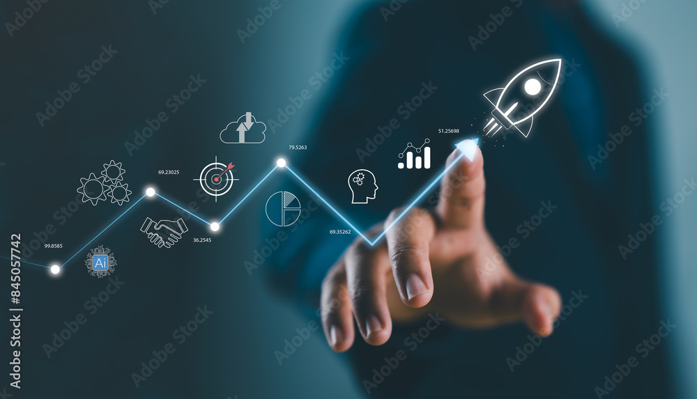 Businessman touch rocket launch investment growth, planning and ...