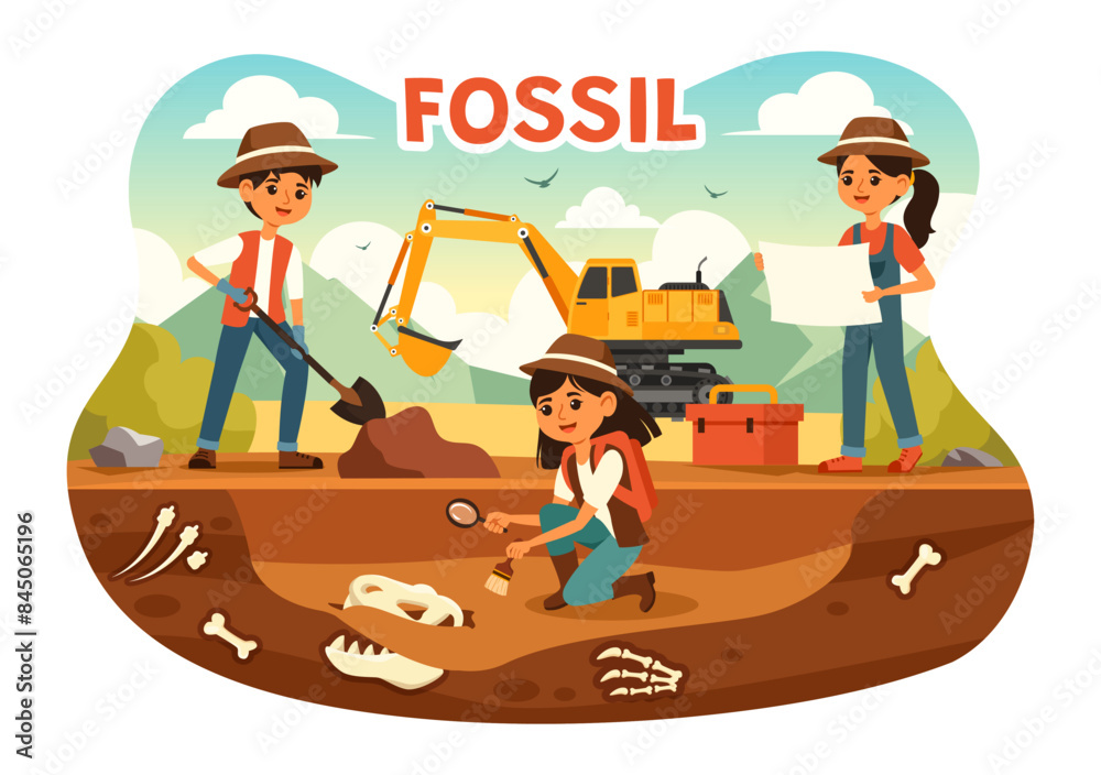 Fossil Vector Illustration of Archaeologists Discovering Dinosaur ...