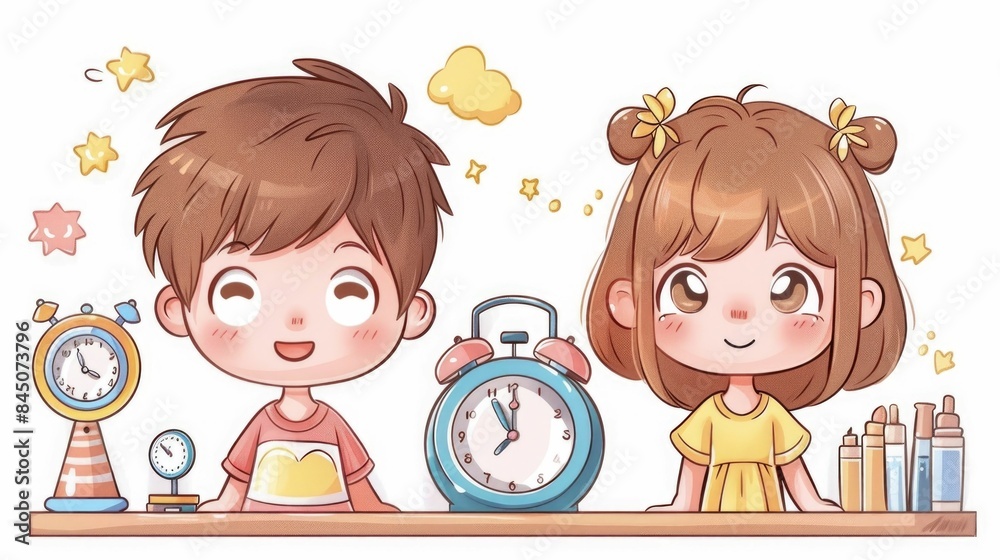 Adorable Cartoon Boy and Girl Exploring the Concept of Time with ...