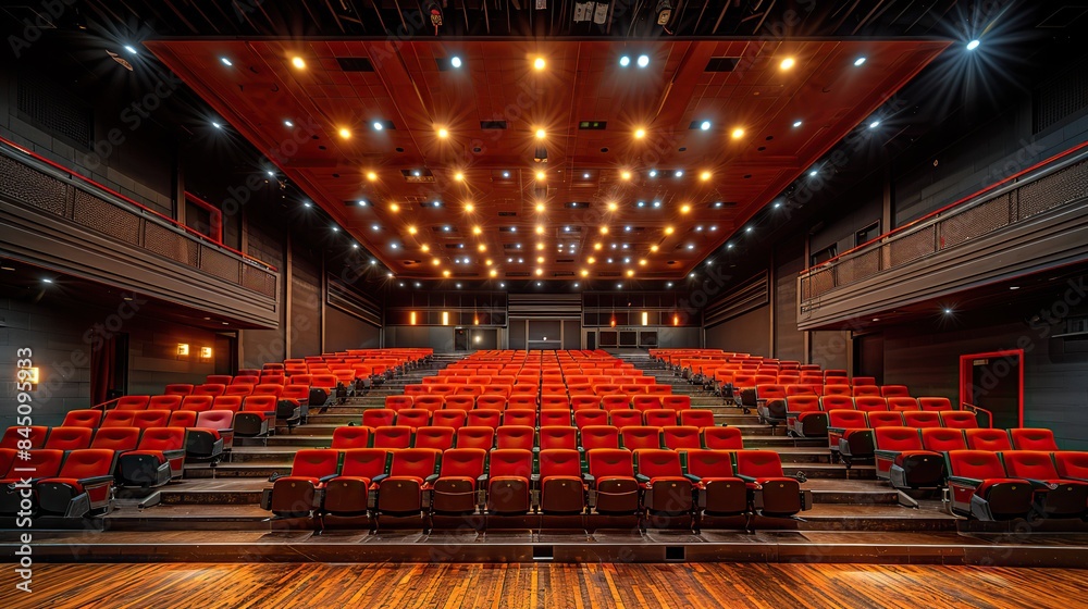 Interior of a school auditorium with rows of seats and a stage ...