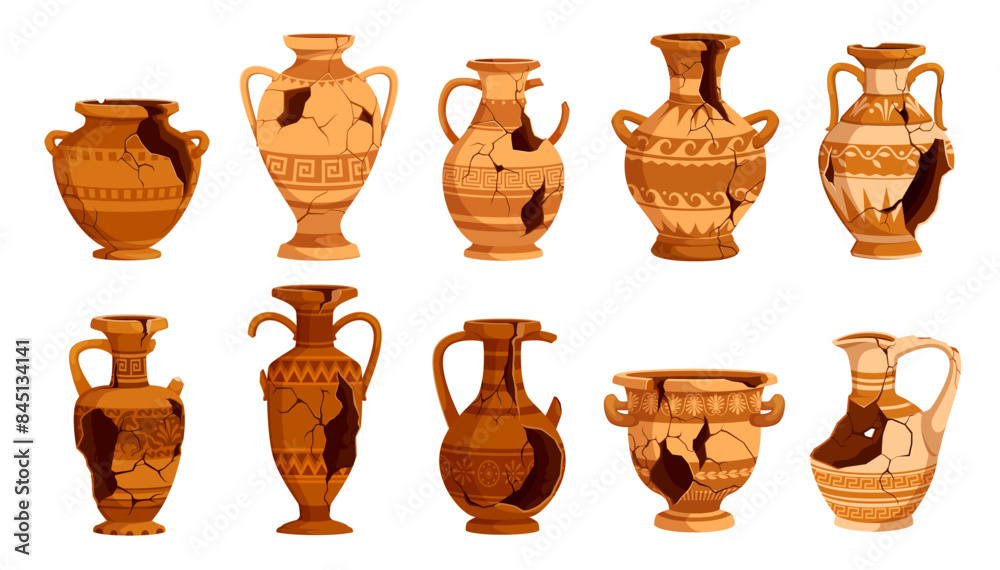 Ancient broken pottery and vases. Old ceramic cracked pots and jugs ...