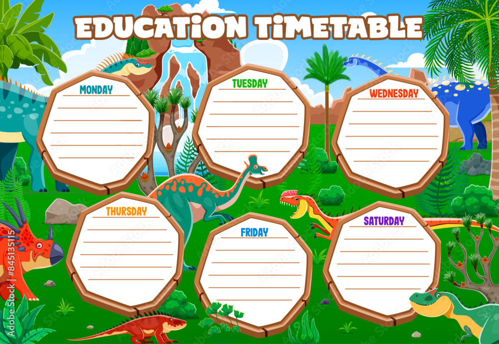 Education timetable schedule with prehistoric dinosaurs. Vector dino ...