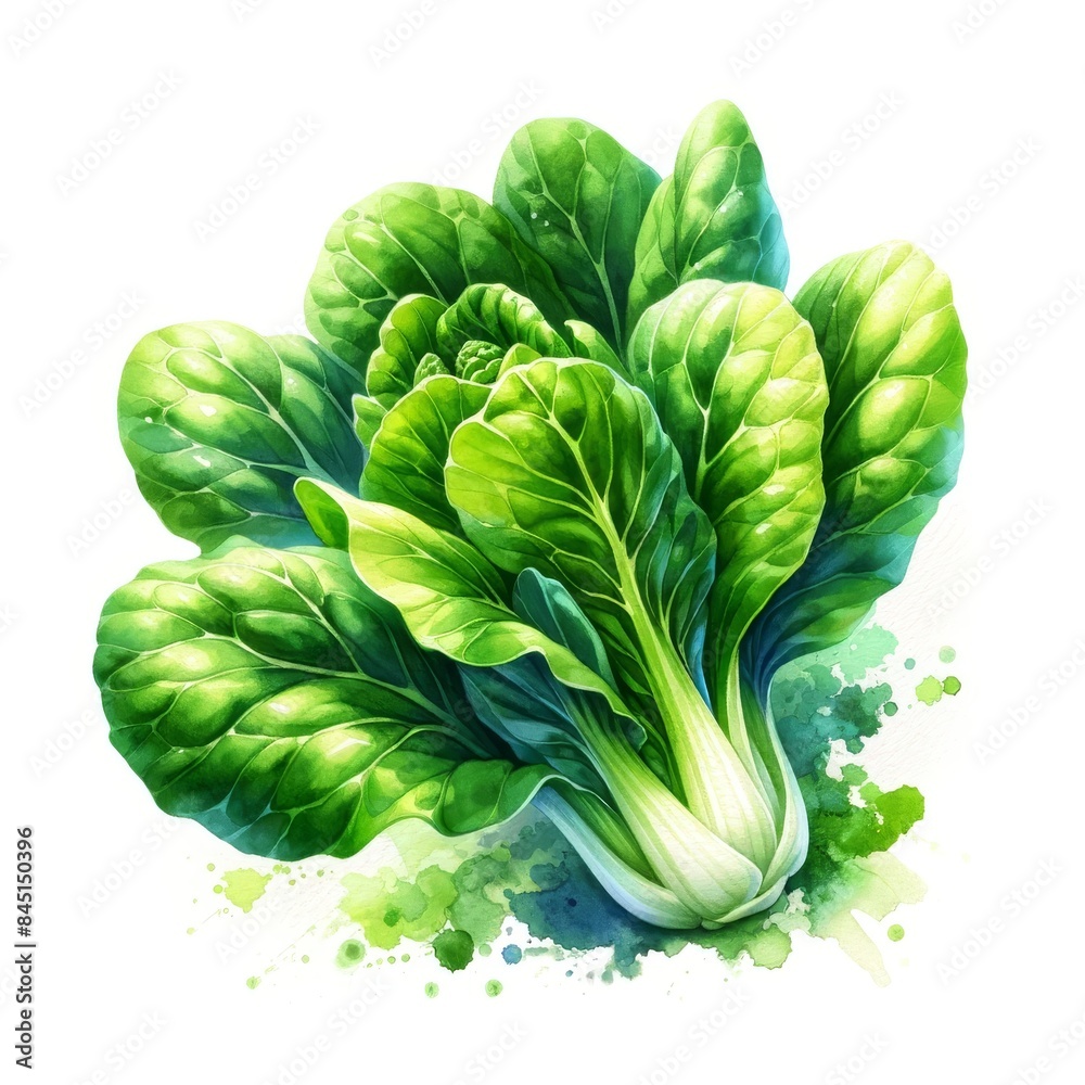 Watercolor illustration of fresh tatsoi with green leaves and white ...