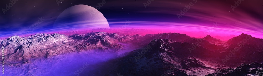 Extraterrestrial landscape, alien panorama, beautiful star rising above ...