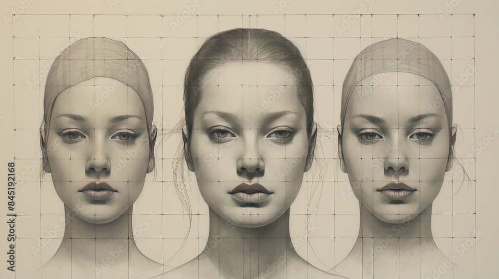 Human face pencil drawing showing symmetrical grid and height marks ...