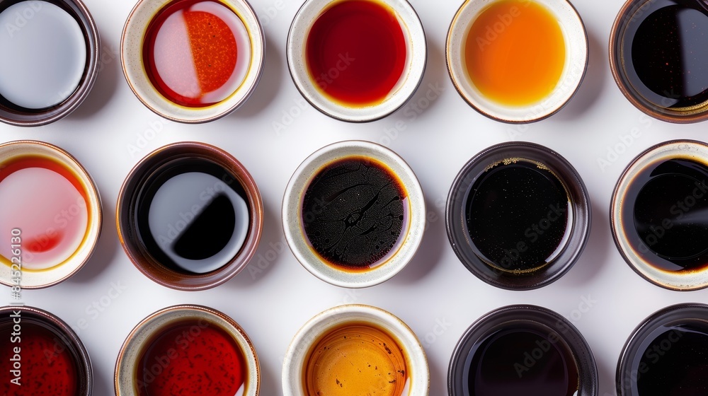 Array of soy sauce in different containers, top view, each with unique ...